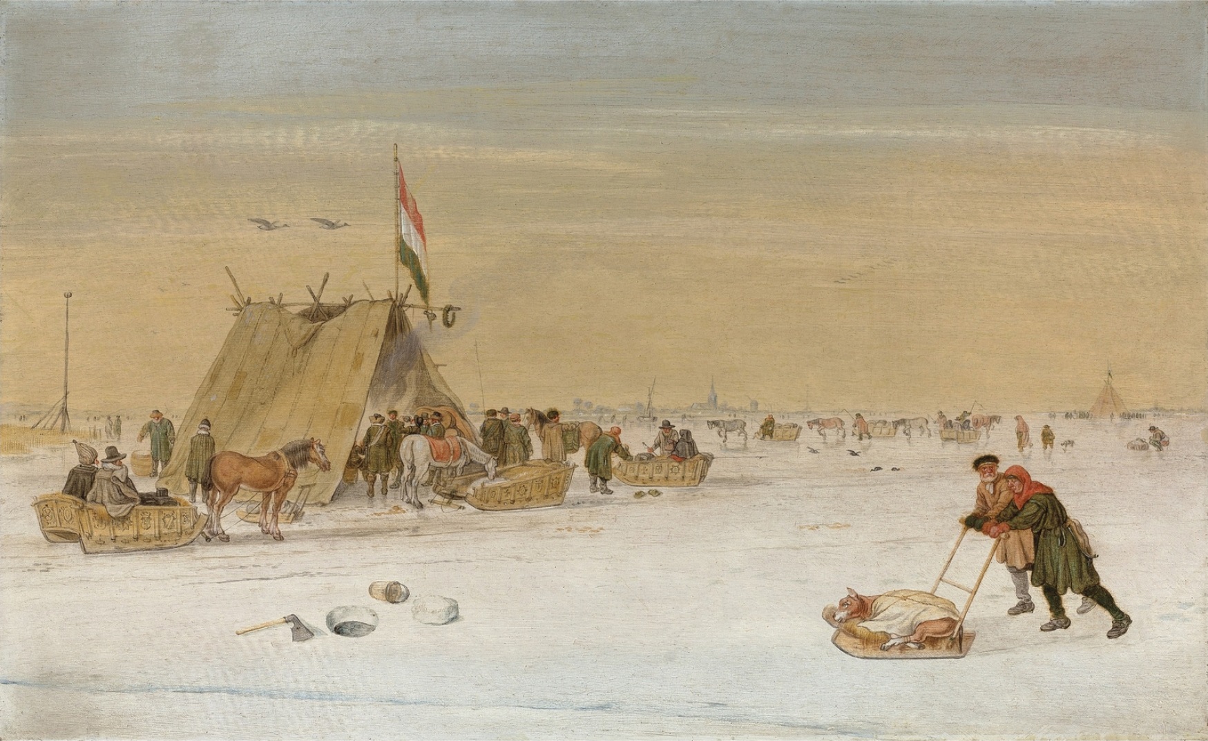 A Winter Landscape with Figures on the Ice by a Koek-en-zopie Tent - Hendrick Avercamp高清作品 - 麦田艺术