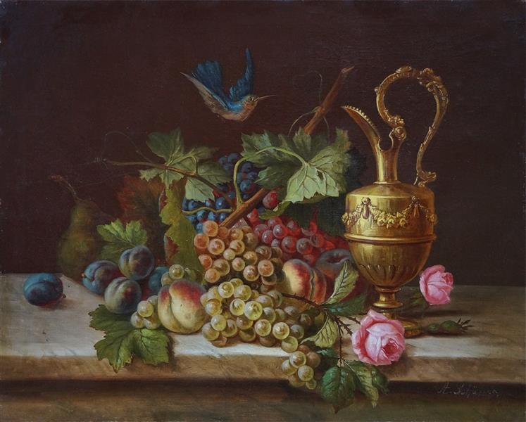 Stillleben Mit Früchten, Rosen, Prunkkelch Und Vogel - Adalbert ...