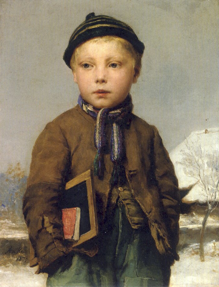 School boy with slate board in a snowy landscape - Albert Anker作品,无水印高清 ...