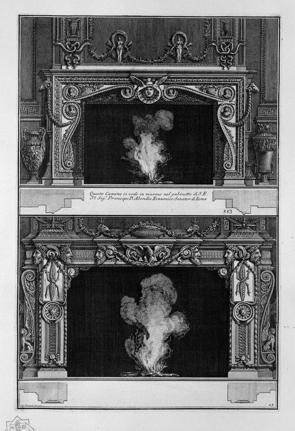 Two fireplaces overlapping: the support with a mask of Medusa in a ...
