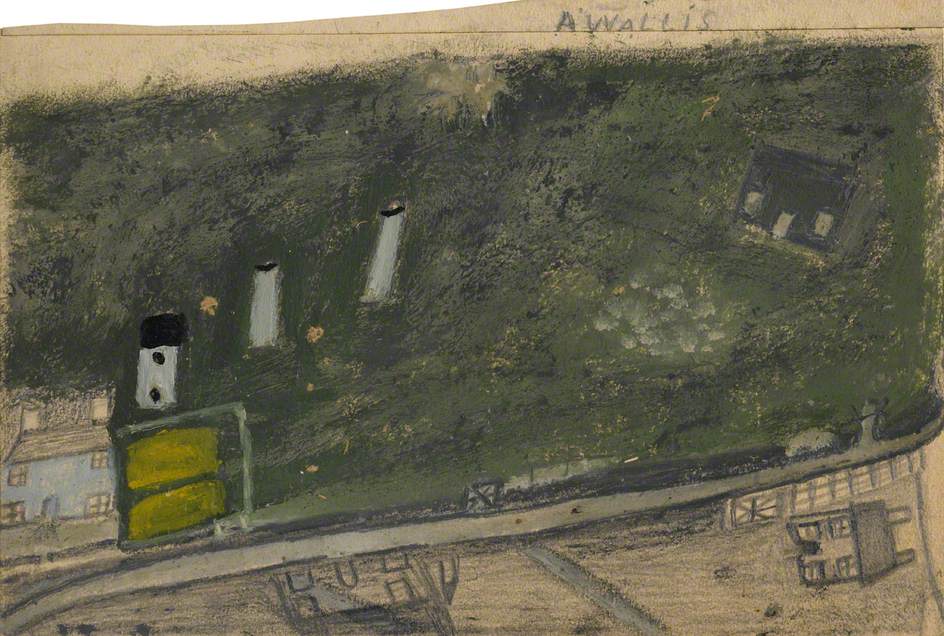 Landscape with Field, Chimneys and Road between Blue and Dark Green ...