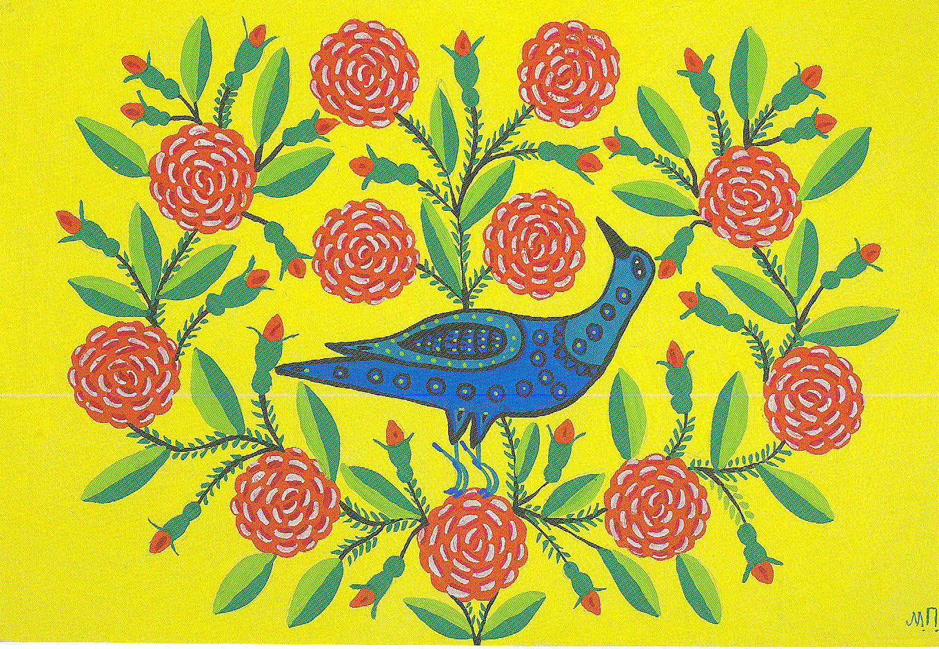 Magpie in Roses - Maria Primachenko作品,无水印高清图 - 麦田艺术