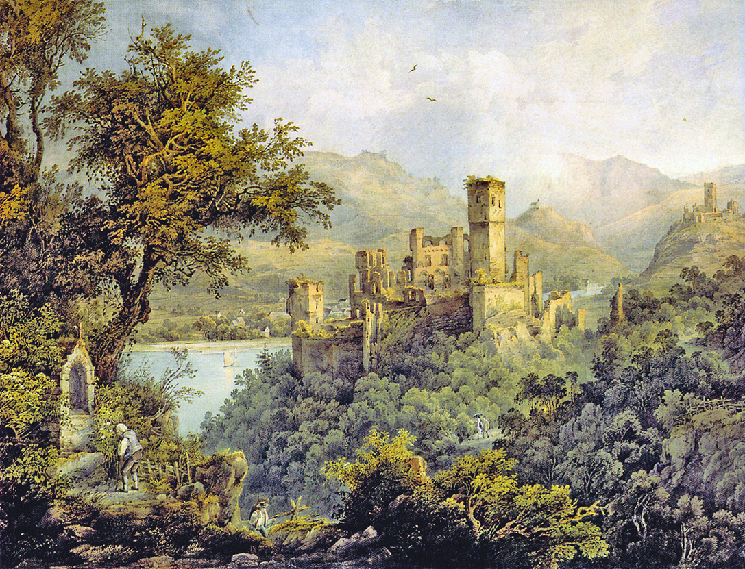 Stolzenfels Castle, in the background Lahneck Castle - Karl Bodmer作品,无 ...