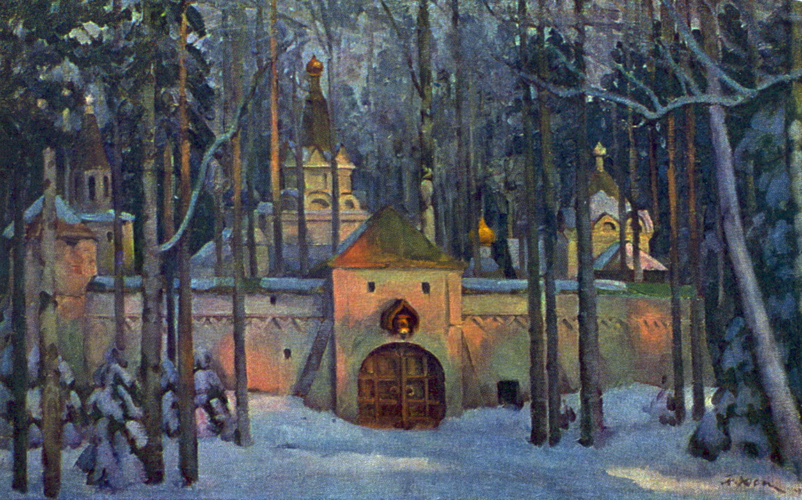Set Design for Glinka's opera "Ivan Susanin". Monastery in the forest ...