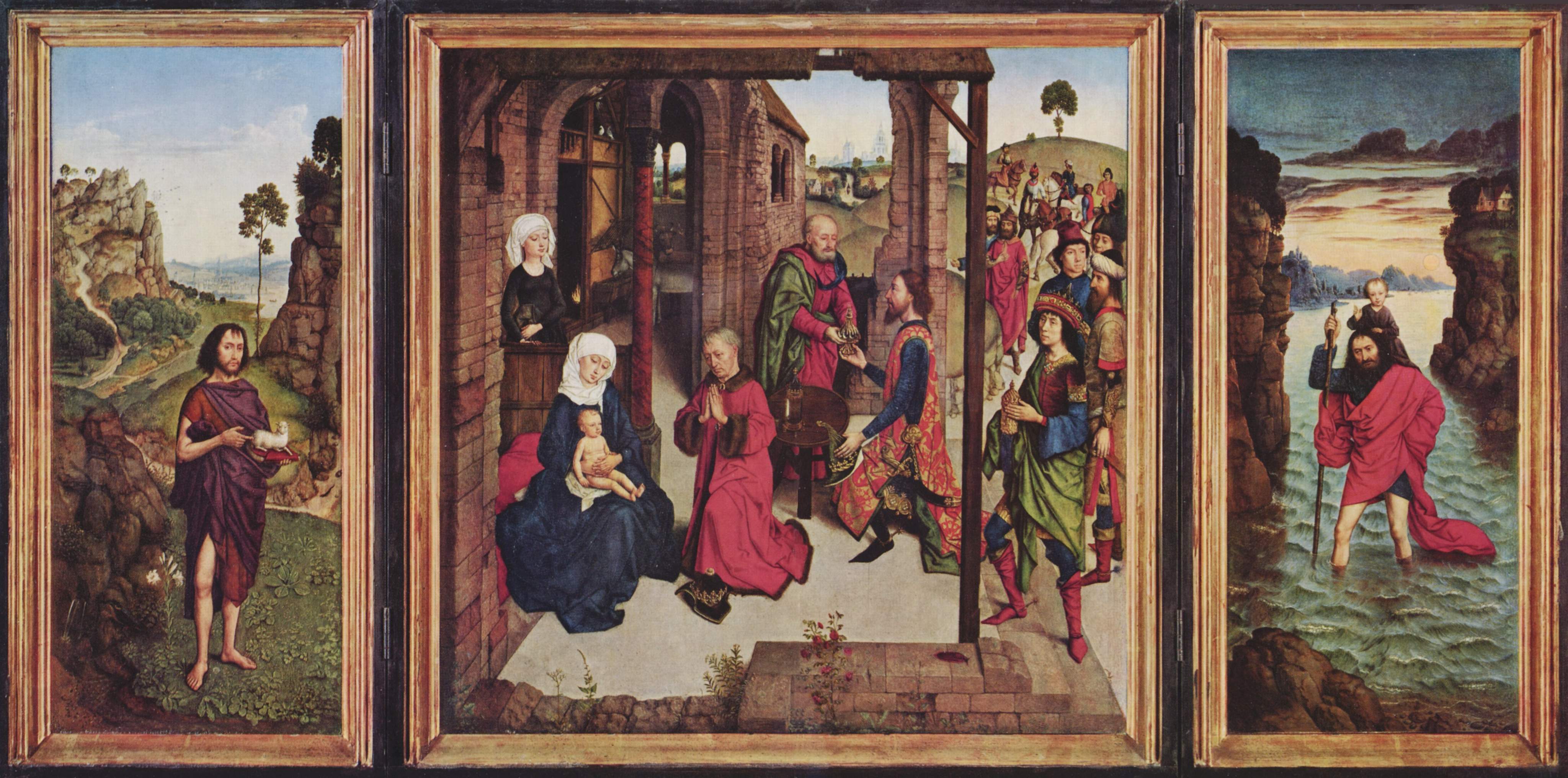 Triptych The Pearl of Brabant. Left wing: St. John the Baptist, middle panel: Adoration of the ...