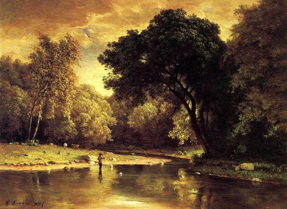 Fisherman In A Stream - George Inness 作品高清大图 - 麦田艺术